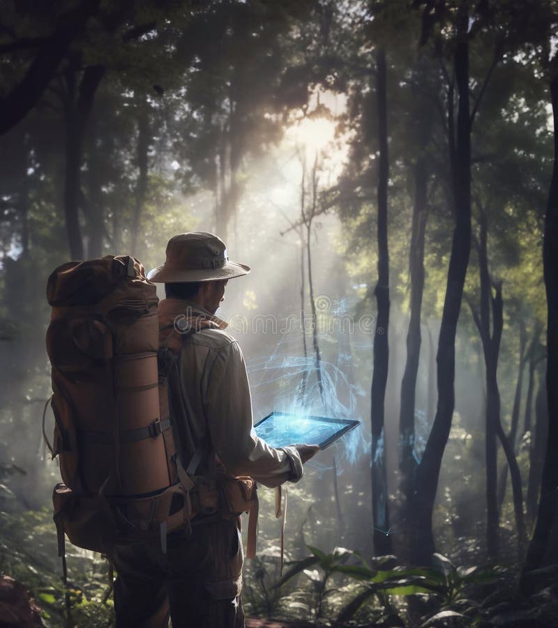 Explorer Using Tablet with Hologram Graphics on Large Tropical Forest ...