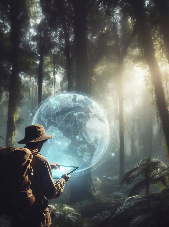 Explorer Using Tablet with Hologram Graphics on Large Tropical Forest ...