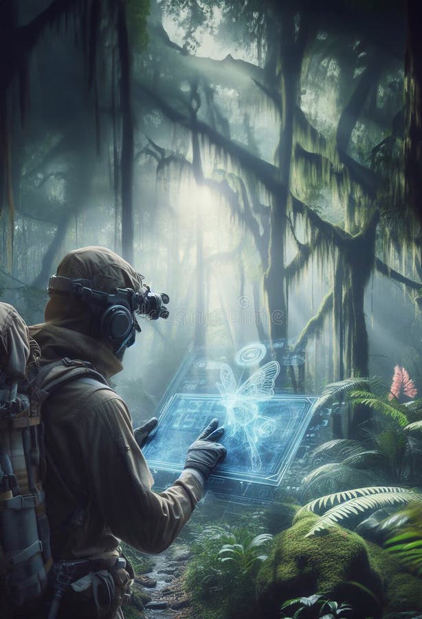 Explorer Using Tablet with Hologram Graphics on Large Tropical Forest ...