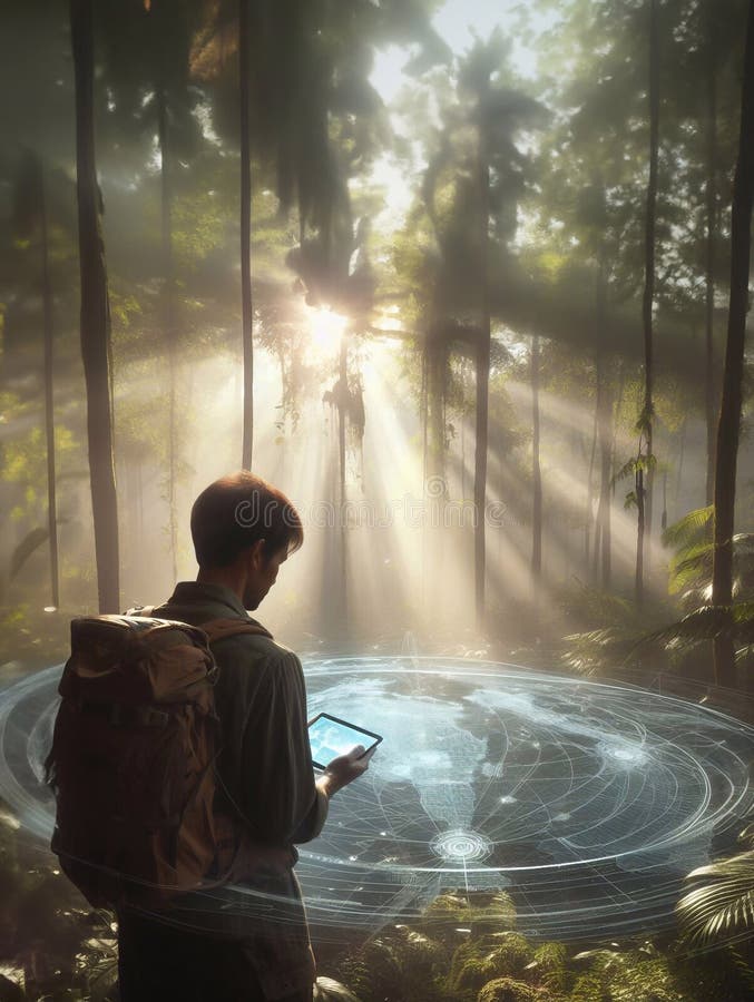 Explorer Using Tablet with Hologram Graphics on Large Tropical Forest ...