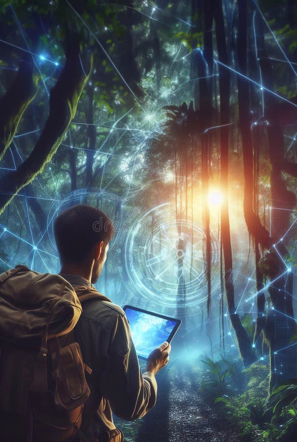 Explorer Using Tablet with Hologram Graphics on Large Tropical Forest ...