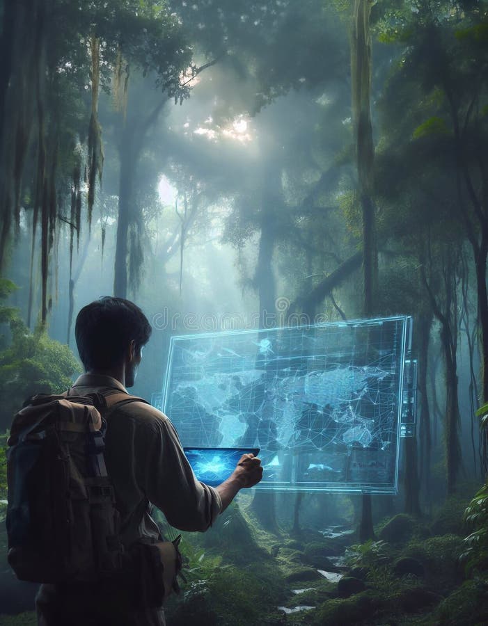 Explorer Using Tablet with Hologram Graphics on Large Tropical Forest ...