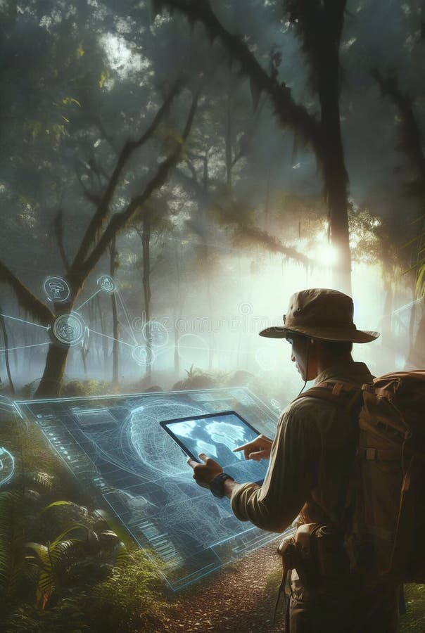 Explorer Using Tablet with Hologram Graphics on Large Tropical Forest ...