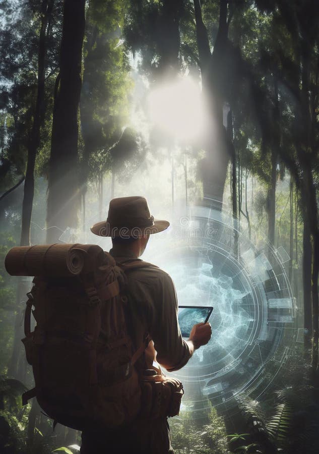Explorer Using Tablet with Hologram Graphics on Large Tropical Forest ...