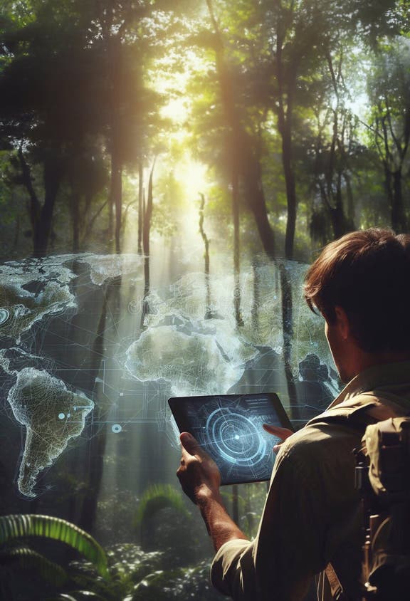 Explorer Using Tablet with Hologram Graphics on Large Tropical Forest Generative Ai Illustration ...