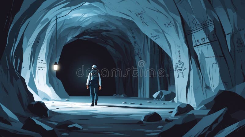 Explorer in a Mysterious Cave with Ancient Drawings and Illuminated ...