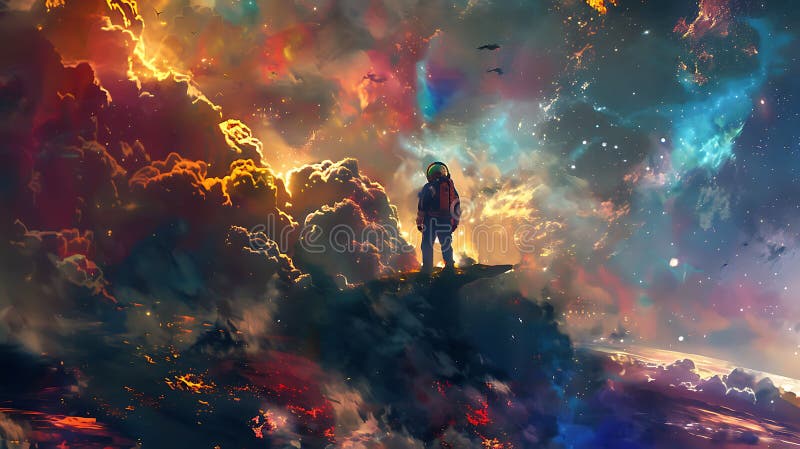 Explorer in a Vibrant Cosmic Storm Stock Illustration - Illustration of ...