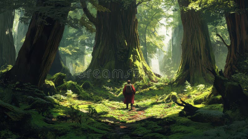 Explorer Walking through an Ancient Forest with Towering Trees and ...