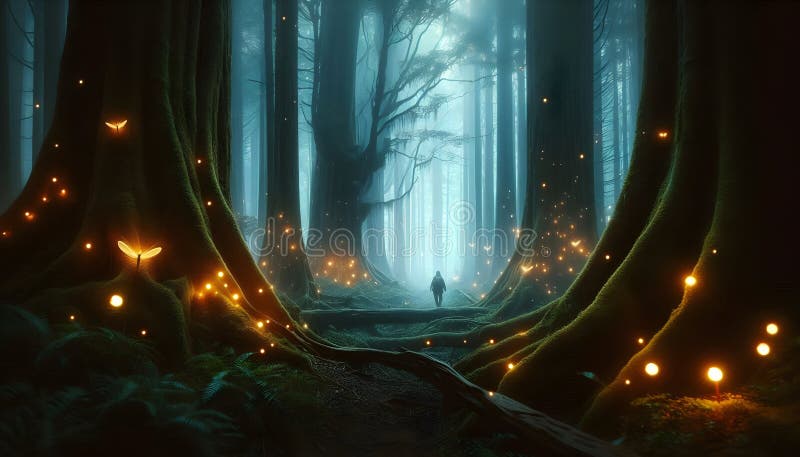 Explorer Wandering through a Mystical Forest with Glowing Fireflies at ...