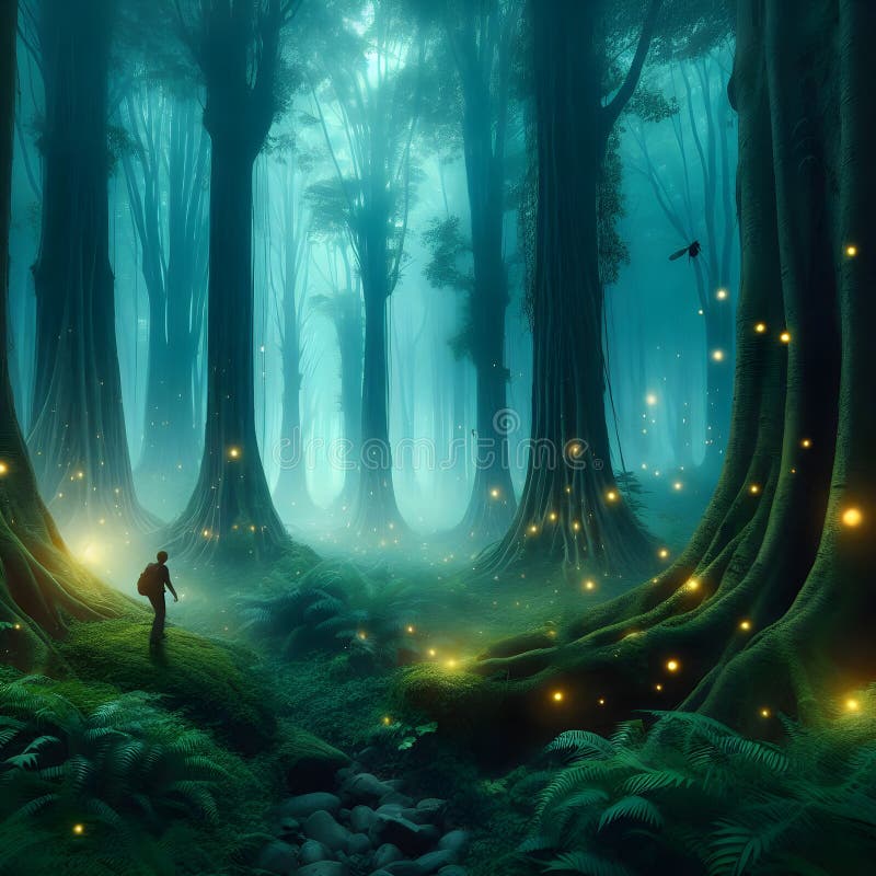 Explorer Wandering through a Mystical Forest with Glowing Fireflies at ...
