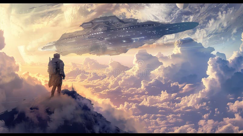Explorer Watching Spaceship in Dreamlike Sky. Outer Space Imagination ...