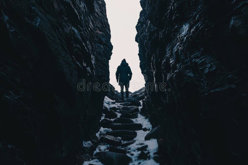 An Explorer Woman Inside a Cave by the Sea in Silhouette Stock ...