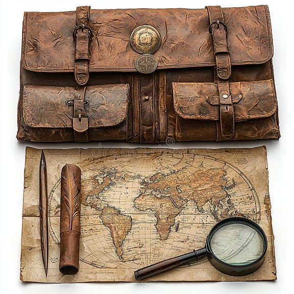 Ancient Explorers Examine a Leather-bound Map with Tools and a Large ...