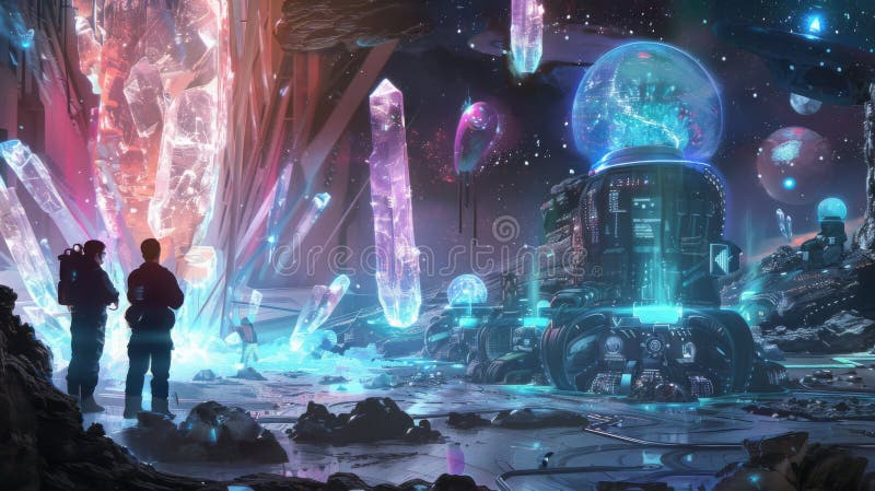 Explorers Discover Crystal Cavern in Futuristic Space Mission at Night ...