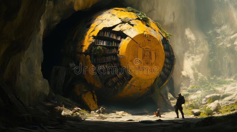 Explorers Discovering Ancient Library Inside a Mysterious Cave Stock ...
