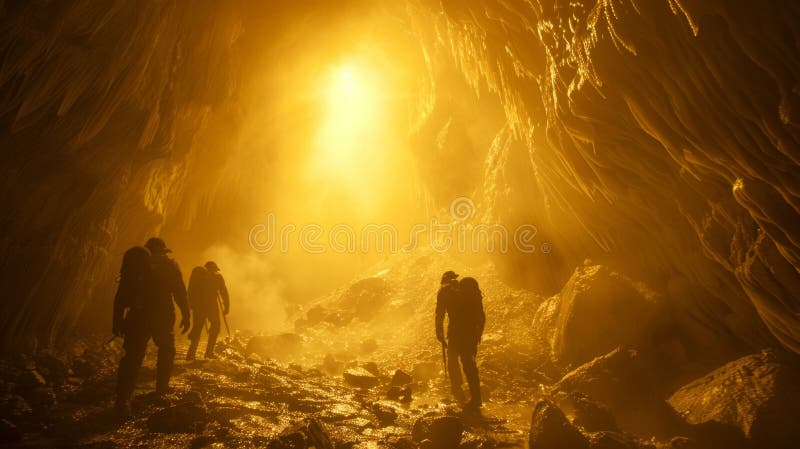 Explorers Encounter a Terrifying Creature in a Dark Cave. Stock ...