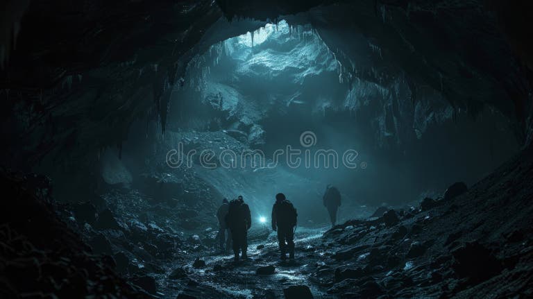 Explorers Encountering a Terrifying Beast in a Dark Cave Stock ...