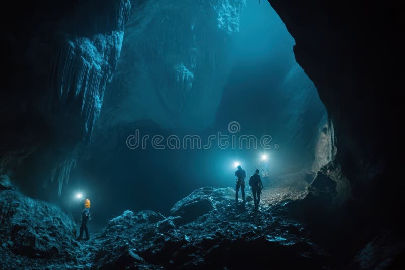 Explorers with Headlamps Navigating a Large, Dark, Blue Cave with Rock ...