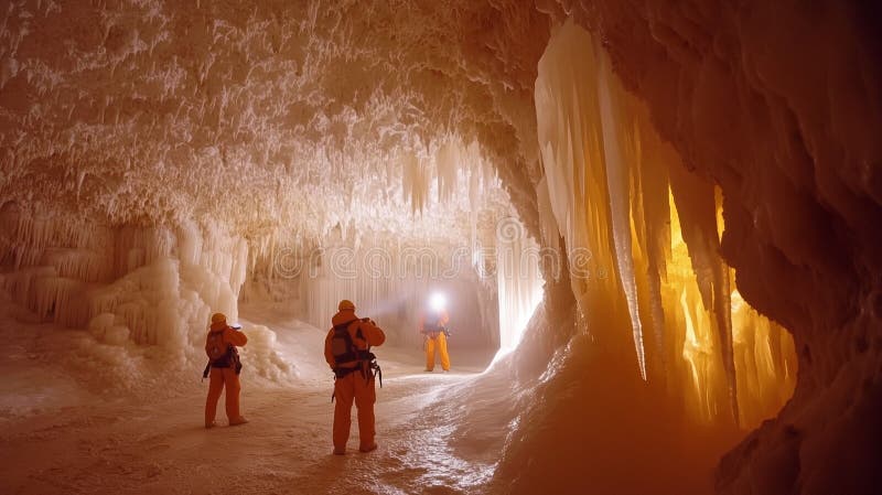 Explorers in an Illuminated Ice Cave Stock Illustration - Illustration ...