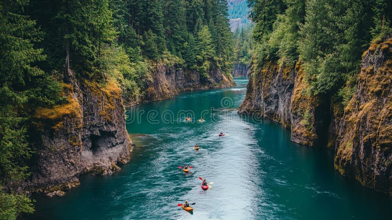 Explorers Kayak through Scenic River Surrounded by Lush Mountains Stock ...