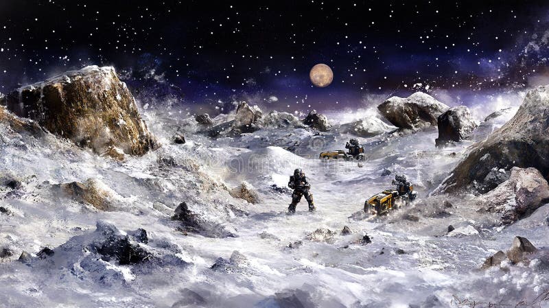 Explorers Navigate a Snowy Extraterrestrial Landscape on a Distant Moon ...