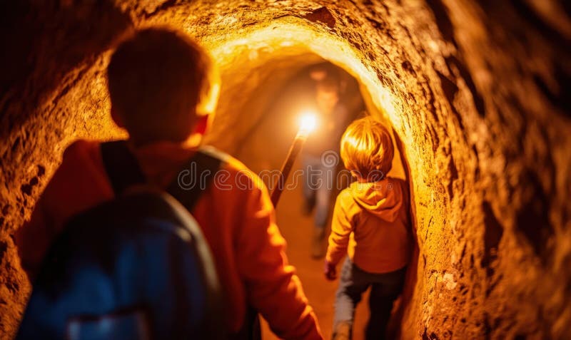 Explorers Navigating Ancient Underground Ruins by Torchlight Stock ...
