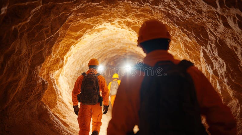 Explorers in Orange Gear Navigate a Dimly Lit Tunnel, Showcasing Teamwork and Determination in a ...