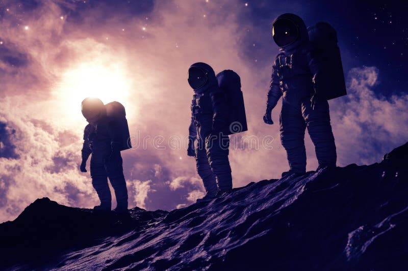 Explorers in Space Suits Standing on a Rocky Surface Against a Cosmic ...