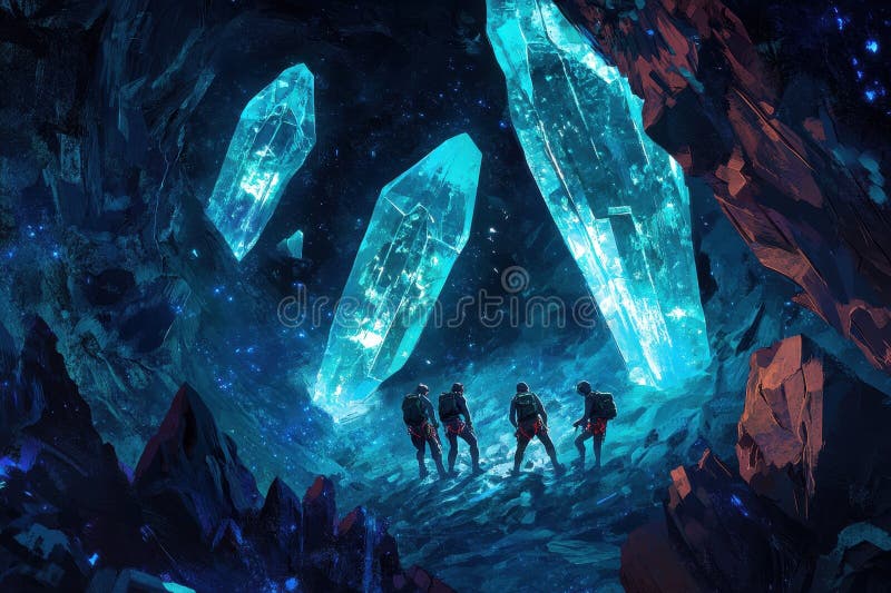 Explorers Standing before Giant Crystal Formations in a Dark Cave Stock ...