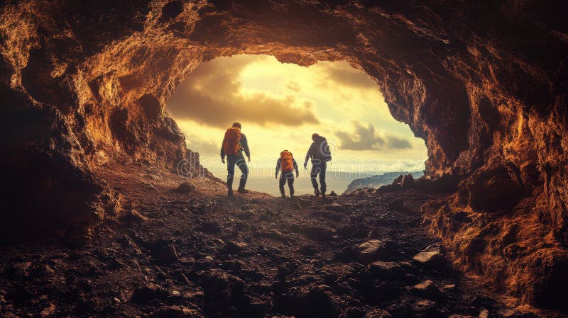 Explorers Stepping Out of Cave into Unknown World Stock Illustration ...