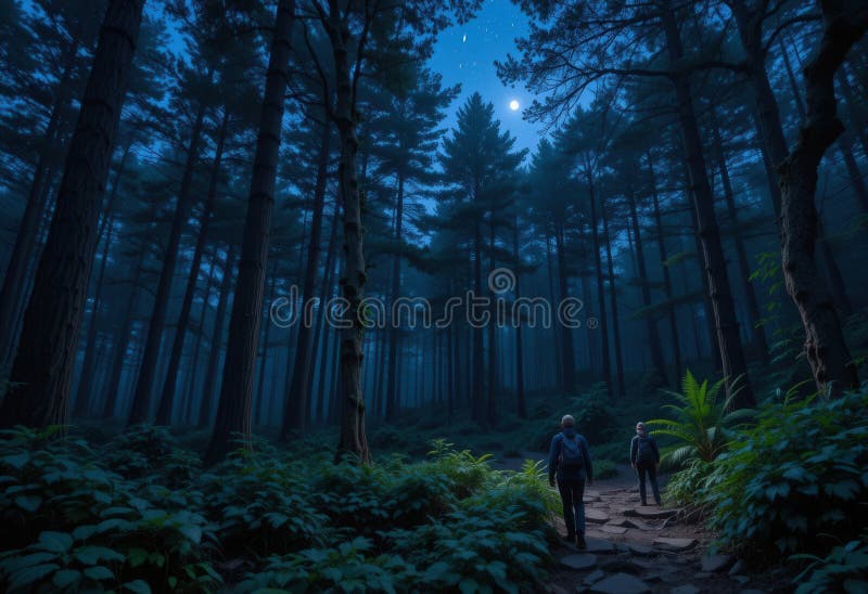 Explorers Walk through a Misty Forest Under the Night Sky Stock ...