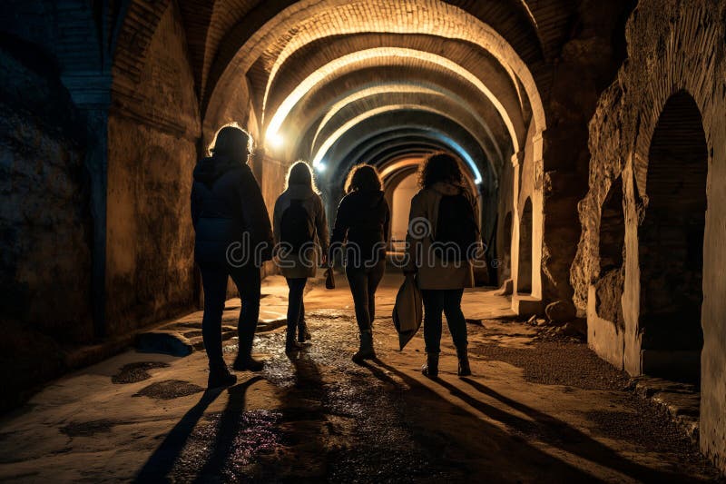 Explorers Walking through an Ancient Underground Tunnel Stock ...