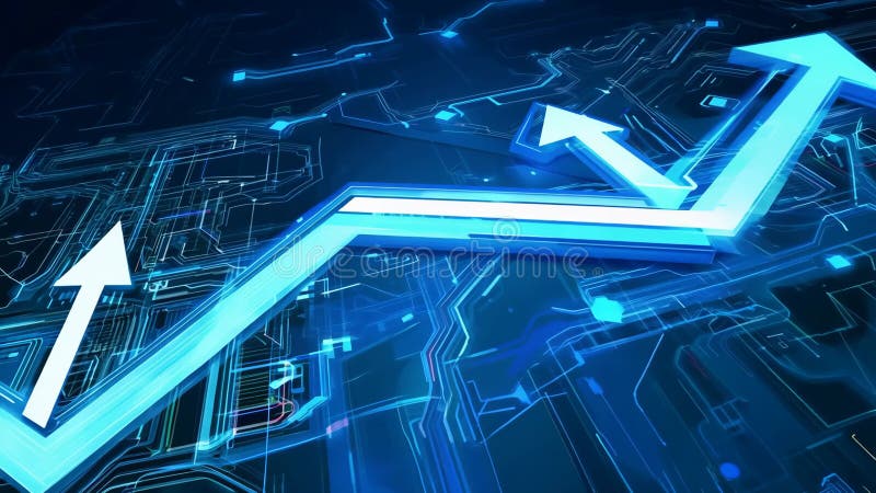 Exploring Abstract Digital Landscapes with Blue Glowing Circuits and Upward Arrows in Motion ...