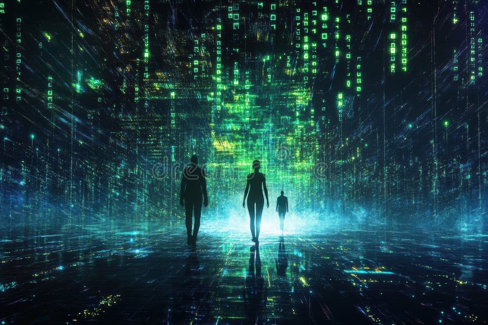 Exploring an Abstract Digital Realm with Human Silhouettes and Floating ...