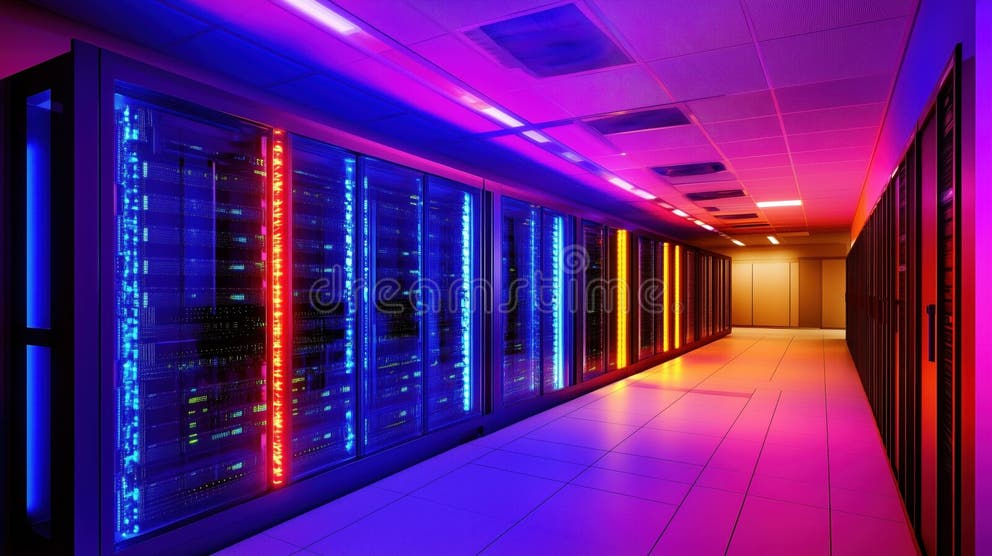 Exploring an Advanced Futuristic Server Room Filled with Glowing Cables ...