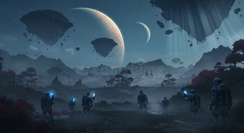Exploring Alien Planet with Astronauts Under Two Moons and Floating ...