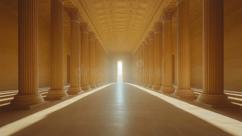 Exploring an Ancient Corridor with Classical Columns Illuminated by ...