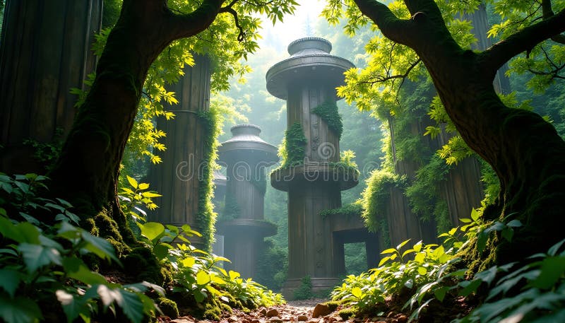 Exploring Ancient Forest Ruins with Towering Structures and Green ...