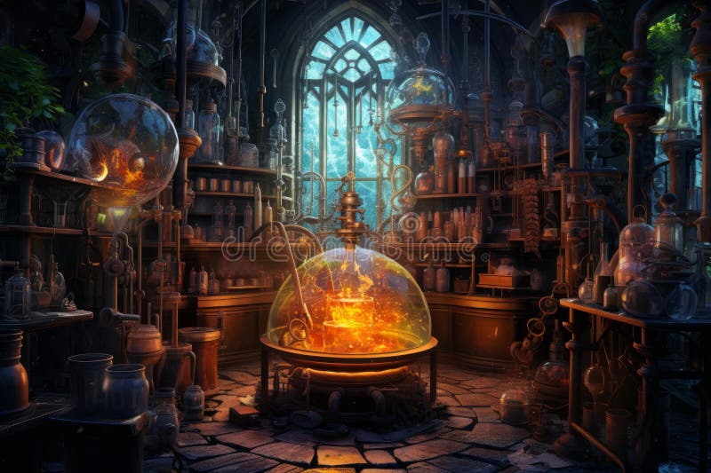 Mystical Alchemist& X27;s Laboratory with a Glowing Potion and Magical ...