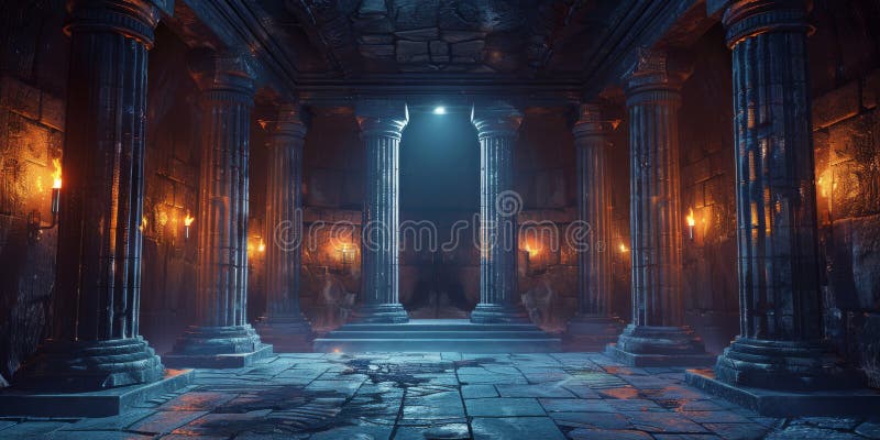 Exploring Ancient Mystical Underground Temple with Pillars, Shadows ...