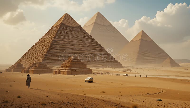 Exploring Ancient Pyramids in Desert Landscape with Distant Figure ...