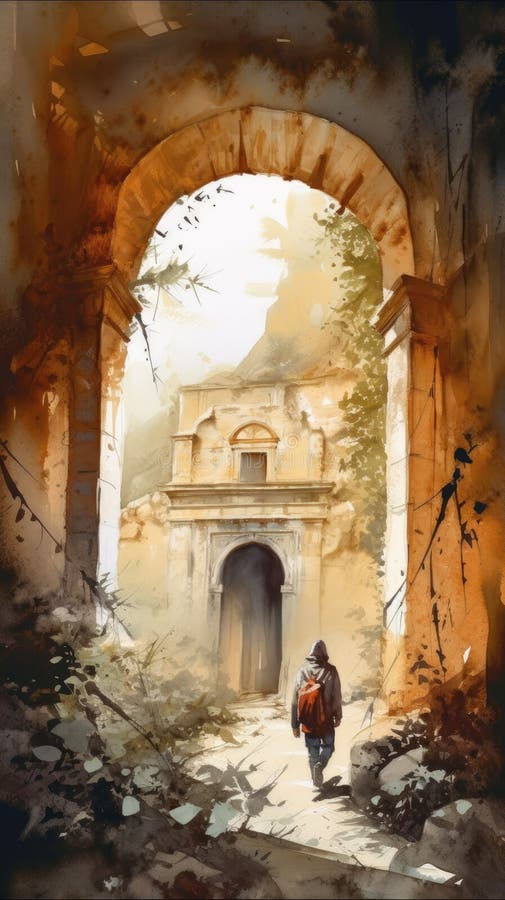 Exploring an Ancient Ruin: a Traveler S Journey. Stock Illustration ...