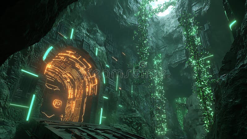 Exploring Ancient Ruins Enveloped in Digital Vines with Glowing Lights ...