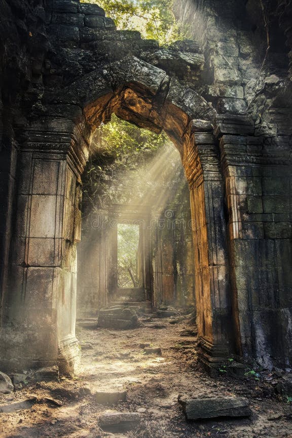 Exploring Ancient Ruins Filled with Secrets Under Soft Sunlight Filtering through Stone Archways ...