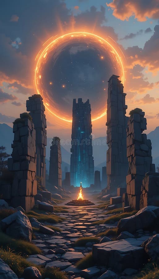 Exploring Ancient Ruins with Fire Under a Celestial Sphere Landscape ...