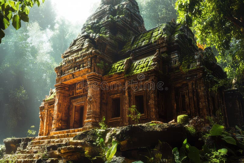 Exploring an Ancient Temple Surrounded by Lush Greenery in a Misty ...