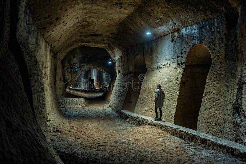 Exploring Ancient Underground Cavern Stock Illustration - Illustration ...