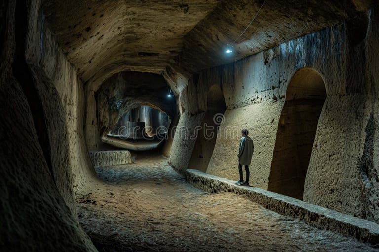 Exploring Ancient Underground Cavern Stock Illustration - Illustration ...