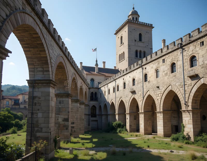 Exploring Arched Stone Walkway and Tower in Historic Courtyard Setting ...