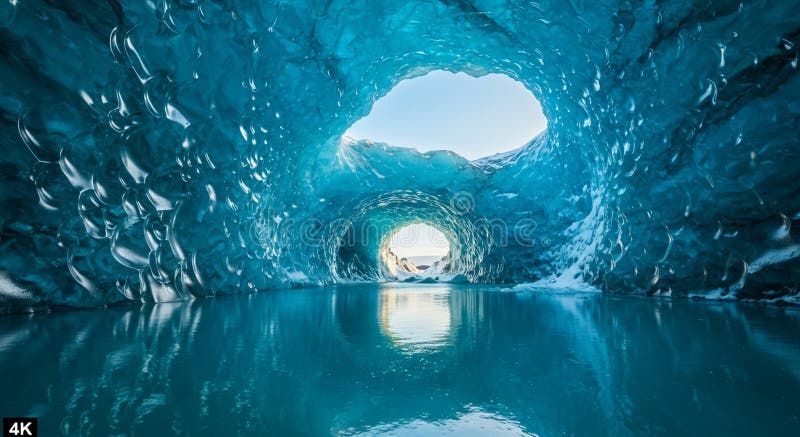 Exploring a Blue Ice Cave Interior with Water Reflection Stock ...